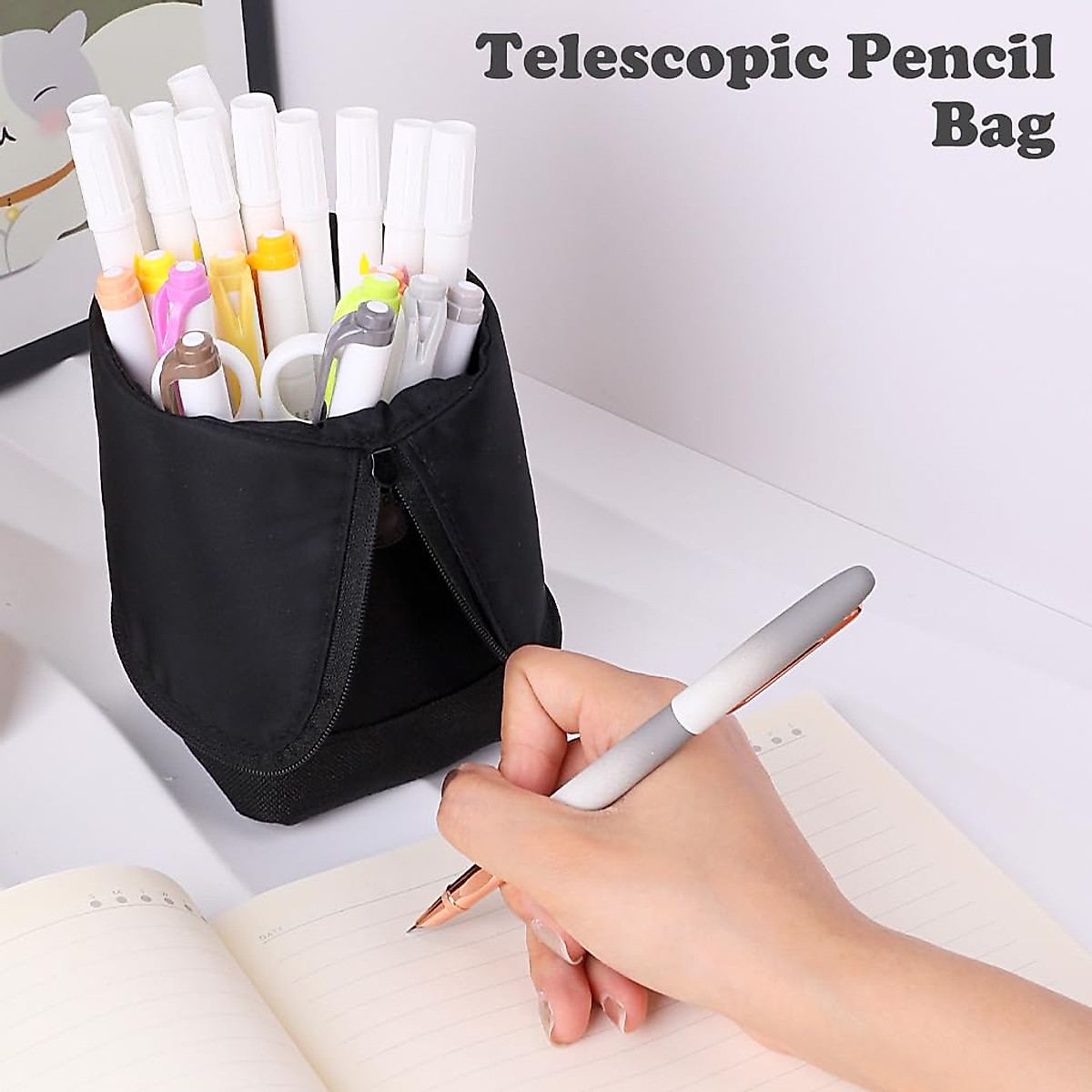 Oyachic Standing Pencil Case Large Capacity Pen Holder with Compartments Foldable Pencil Pouch Cosmetics Bag Organizer for Men Women Work Office,Black