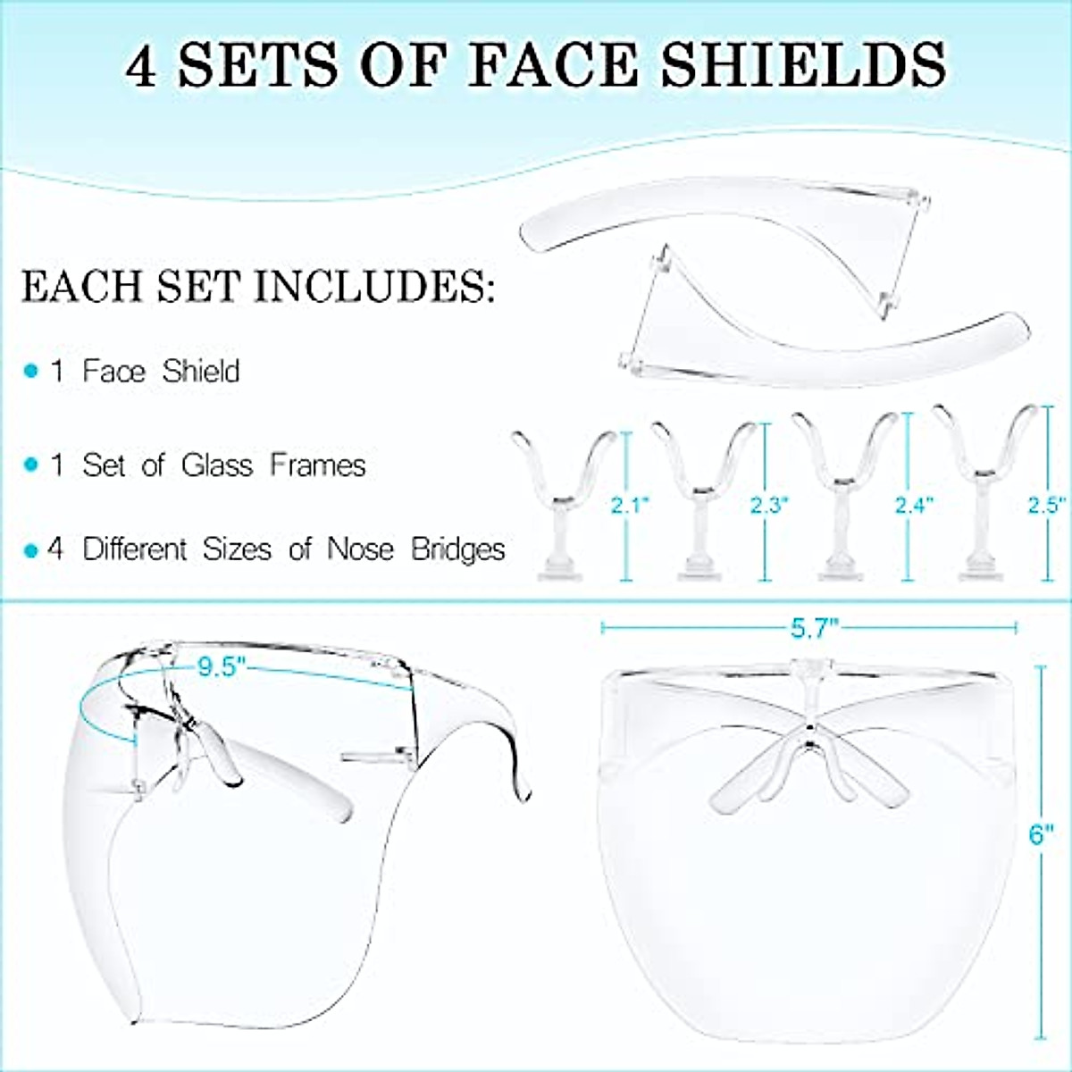 Pupmoms Face Shield, Anti-Fog 4 Pack Face Shields with Glasses Frame, Clear Reusable Plastic Full Cover Face Visor Shield, Transparent Protective Safety Goggle Shield for Adults Women Men