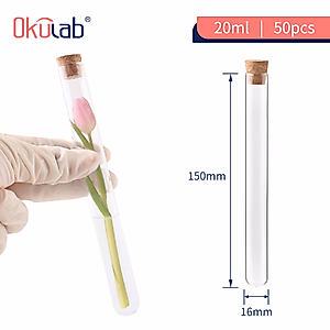 Okulab Clear Glass Test Tubes 50PCS, 16x150mm (20ml) Glass Test Tube with Cap and Brush for Scientific Plants, TTGS02A50