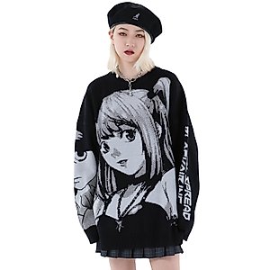 FELLVISHK Anime Girl Figure Sweater Graphic Long Sleeve Oversize Knitwear Sweatshirt Unisex 3D(Black, X-Large)