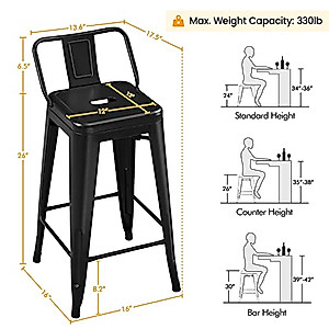 Yaheetech 26 inch Metal Bar Stools Set of 4 Counter Height Barstools with Low Back Indoor Outdoor Kitchen Stools Modern Industrial Bar Chairs Matte Black