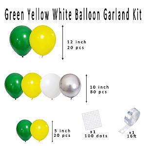 Dark Green White Silver Yellow Balloon Garland Arch Kit - 122PCS Yellow Green and White Balloons Green Balloon Arch for Soccer Golf Birthday Tractor Baby Shower Anniversary Party Decorations