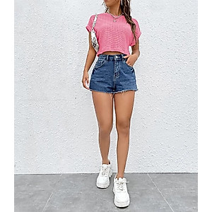 Meladyan Women’s Casual Waffle Knit Crop Tee Top Batwing Short Sleeve Crew Neck Solid Cropped T Shirt Tops Pink