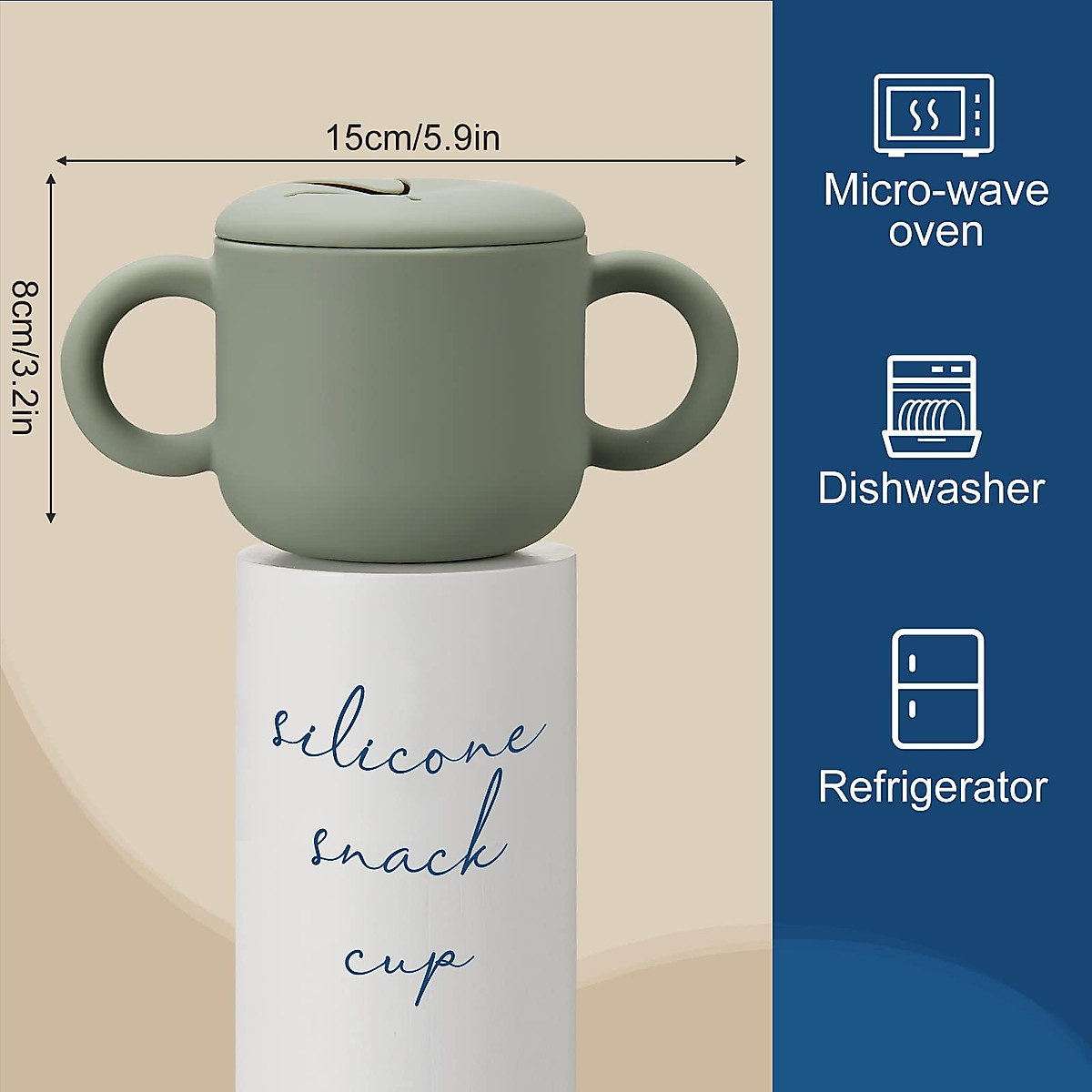 2 Pack Silicone Snack Cup Toddlers Sippy Cup Snack Containers with Double Handles Removable Lid for Toddler Baby Infants Training Cup for 6 Month+ (Army Green, Grayish Blue, 2 Pack)