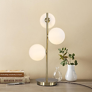 Fulesi Mid Century Globe Table Lamp Modern 3 Lights Gold Desk Lamp Contemporary White Glass Globe Reading Lamp for Bedroom Living Room Study Room (White)