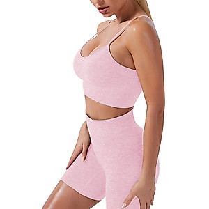 Women's Seamless Yoga Outfits 3 Pieces Workout Short Sleeve Crop Top + Camisole Tank Sports Bra + High Waisted Running Shorts Sets Biker Activewear Athletic Fitness Tracksuit Gym Clothes Pink Small