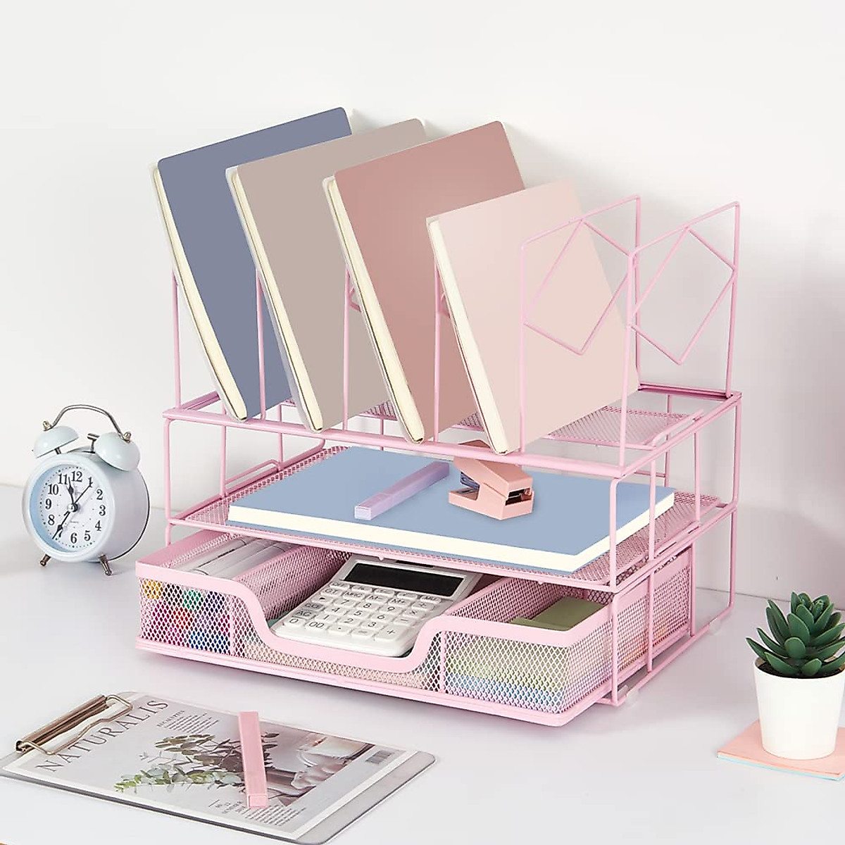 Becomrock Desk Organizers and Accessories, Office Supplies Desktop Organizer, Desk File Organizer with Sliding Drawer, Dual Tray and 5 Upright Section, File Folder Holder for Desk (Black)