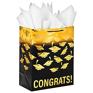 Hallmark 13" Large Graduation Gift Bag with Tissue Paper (Gold and Black, "Congrats!") for High School, College, Kindergarten, 8th Grade and More
