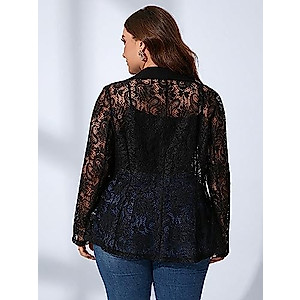 WDIRARA Women's Plus Size Contrast Lace Button Front Lapel Neck Long Sleeve Elegant Blazer Black 1XL