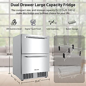 24 Inch Indoor Under Counter Drawer Fridge Stainless Steel Undercounter Refrigerator Freestanding Outdoor Fridge for Home Built-in Commercial Beverage Refrigerator with Dispenser and Digital Display