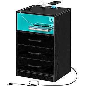 Seventable Nightstand with Wireless Charging Station and LED Lights, Modern End Side Table with 3 Drawers and Open Compartment for Bedroom, Black
