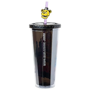 Silver Buffalo Five Nights at Freddy's I Survived Plastic Cold Cup with Lid and Topper Straw, 24 Ounces