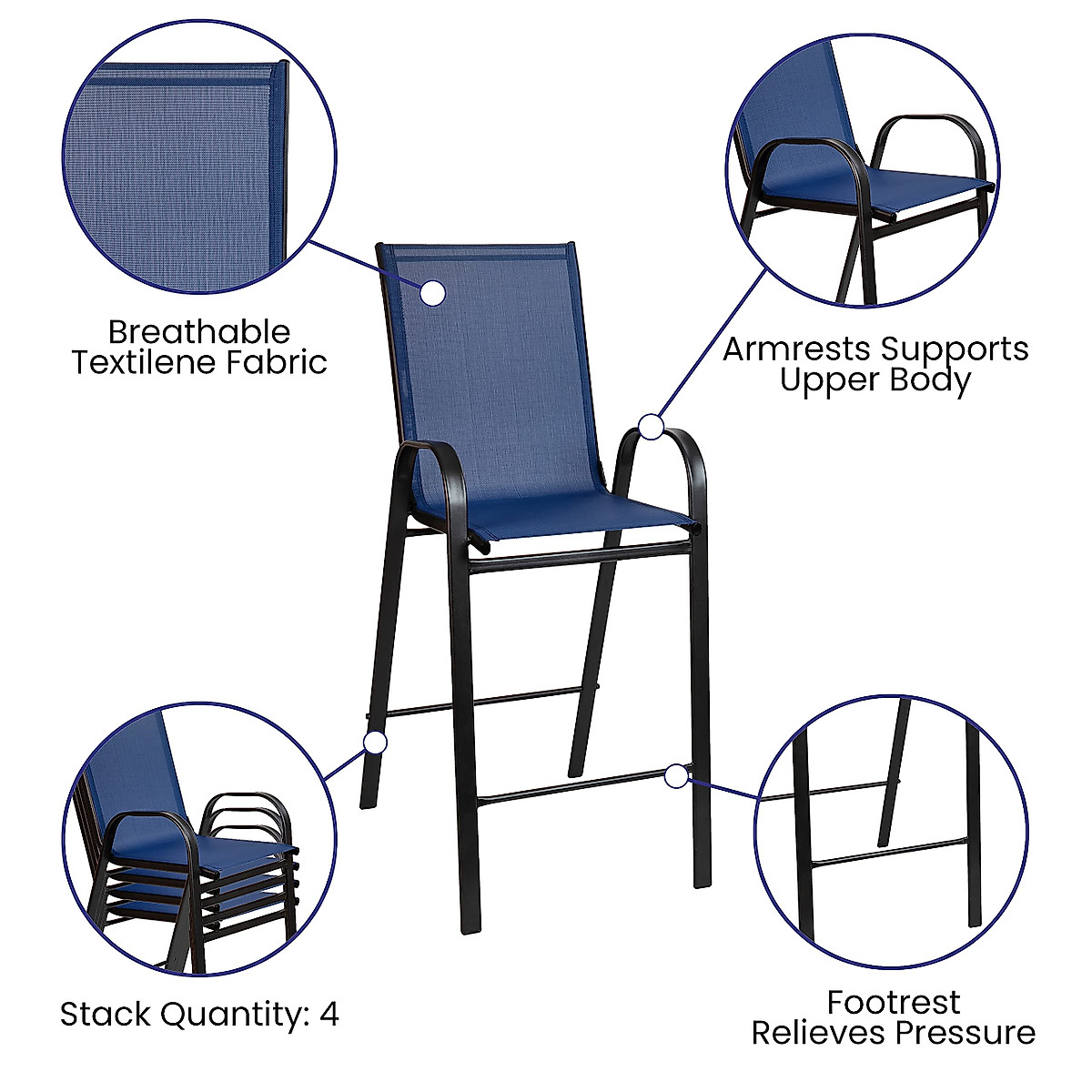 Flash Furniture 4 Pack Brazos Series Navy Outdoor Barstools with Flex Comfort Material and Metal Frame