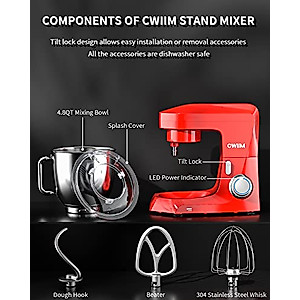 Stand Mixer, CWIIM 10+P Speed 4.8 QT Food Mixer with Dough Hook Whisk Beater Splash Guard Mixing Bowl, Tilt-Head Kitchen Electric Mixer for Baking Egg Bread Cakes Cookie Pizza Salad (Red)