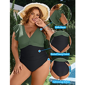 Blooming Jelly Women's Plus Size Swimsuit One Piece Tummy Control Bathing Suit Modest Vintage Push Up Ruffle Sleeve Swim Suits (Army Green and Black,3X-Large)