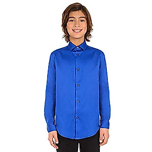 Calvin Klein Boys' Long Sleeve Sateen Dress Shirt, Button-down Style With Buttoned Cuffs & Shirttail Hem, Dark Blue, 6