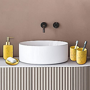 USYUEGLV Ceremic Bathroom Accessory Set, 4 Pieces Marble Look Complete Bath Decor Kit Includes Lotion Soap Dispenser, 2 Toothbrush Holder/Tumbler and Soap Dish (Yellow (Four Piece))