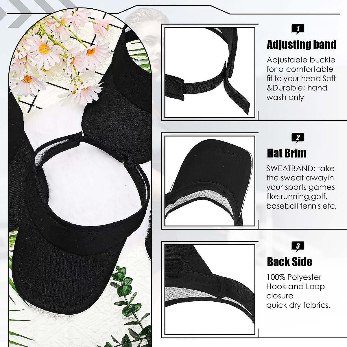 Bonuci 24 pcs Sun Visor Unisex Sun Visors Hats UV Protection Sun Hat for Women Men Tennis Baseball Golf Caps Bulk(Black)