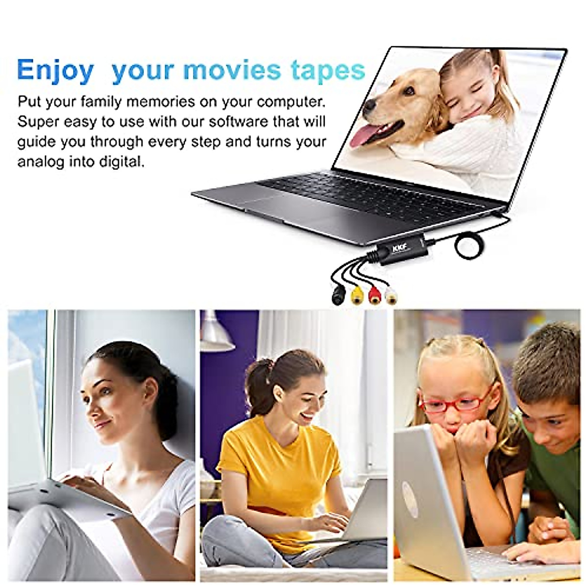 Kkf VHS to USB RCA Converter, Analog to Digital Video, Digital Video for VCR DSLR TV Box DVD Camera PS3 PS4,USB 2.0 Audio Capture Card Transfer Collector (RCA to USB C)