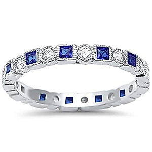 2.5mm Bezel Set Full Eternity Ring Alternating Round Simulated Blue Sapphire Cubic Zirconia 925 Sterling Silver, Size - 7
