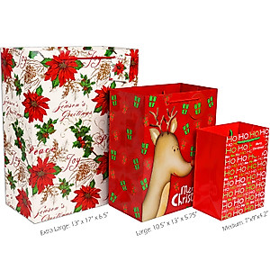 Fzopo Christmas Gift Bags Bulk Set Includes 4 Extra Large 4 Large 4 Medium with Handles Christmas Print Gift Bags Assorted Sizes for Wrapping Holiday Gifts (Variety Pack)