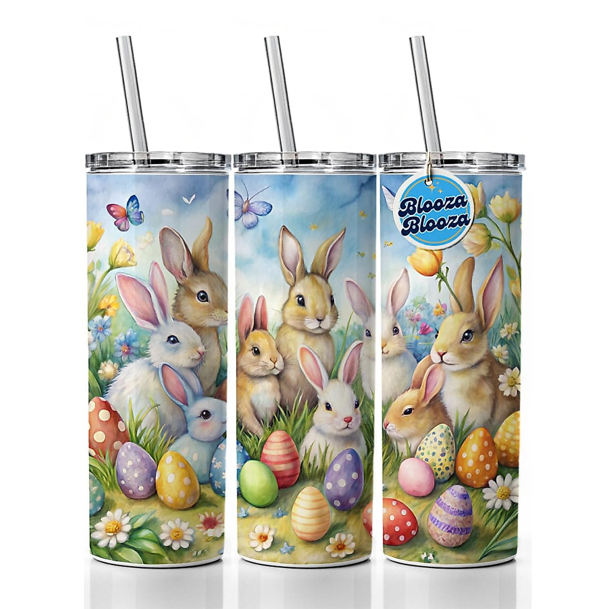 Easter Bunnies Watercolor Skinny Tumbler 20oz with Straw Insulated Water Bottle Gift