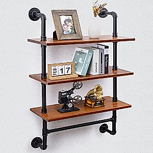 Marsmiles Industrial Pipe Shelves Wall Mounted, 24 Inch Wall Shelves Rustic Farmhouse Bathroom Shelves with Towel Bar and Hooks, 3 Tier Bookshelf Floating Wall Shelves for Kitchen Bar Living Room