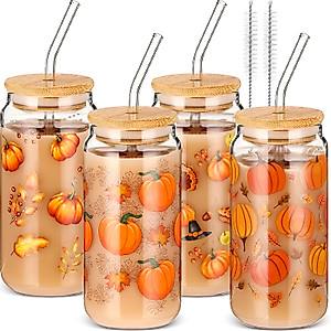 Cunhill 4 Pcs Iced Coffee Cup with Bamboo Lid and Straw 16oz Christmas Employee Appreciation Gift Glasses Cup Daisy Flower Butterfly Beer Can Cup Gift for Teacher Women Employee Coworker(Pumpkin)