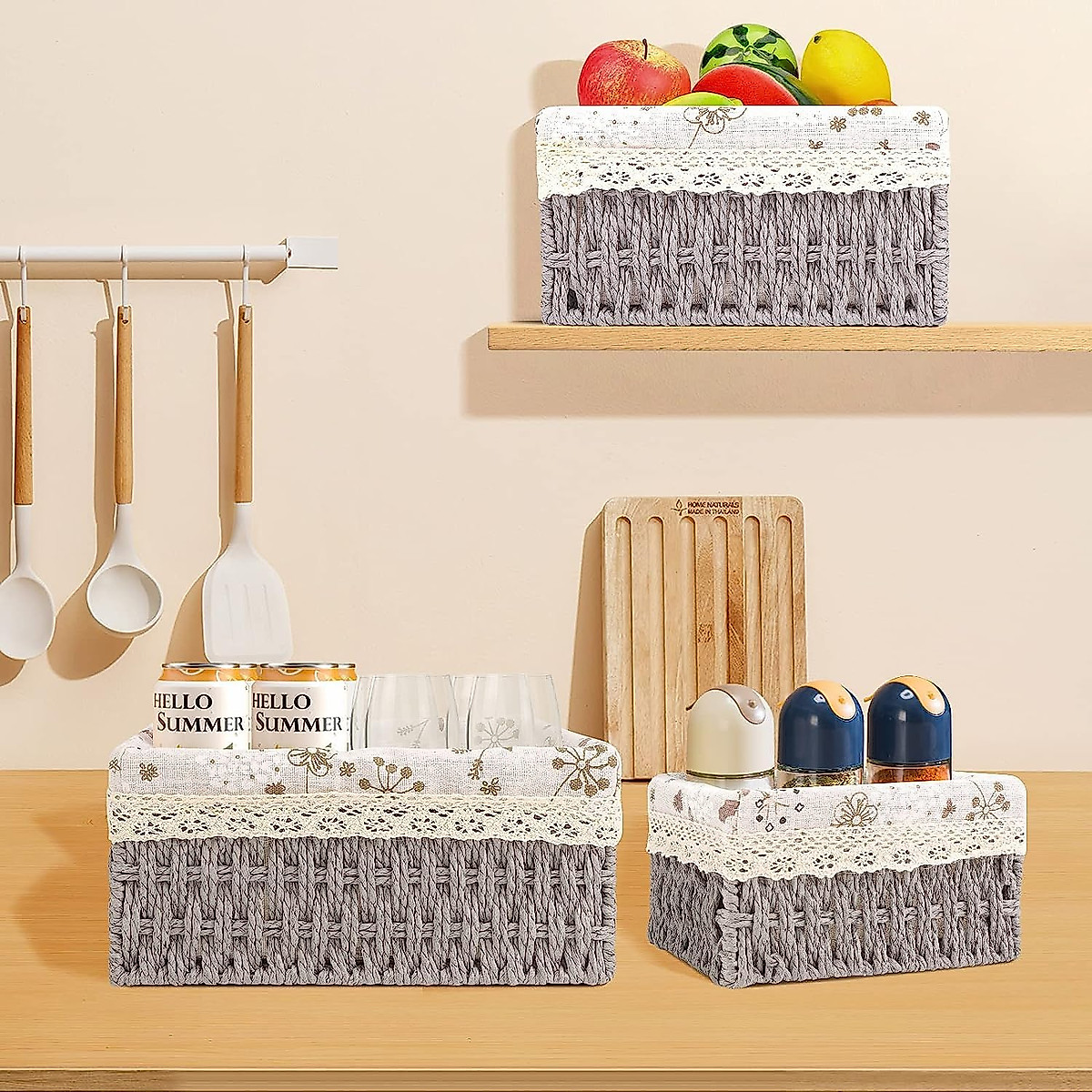 Recycled Wicker Storage Basket, Small Wicker Baskets, Handwoven Baskets for Storage, Paper Rope Storage Baskets for Organizing Container Bins for Shelves Cupboards Drawer, Small Woven Basket Set of 3