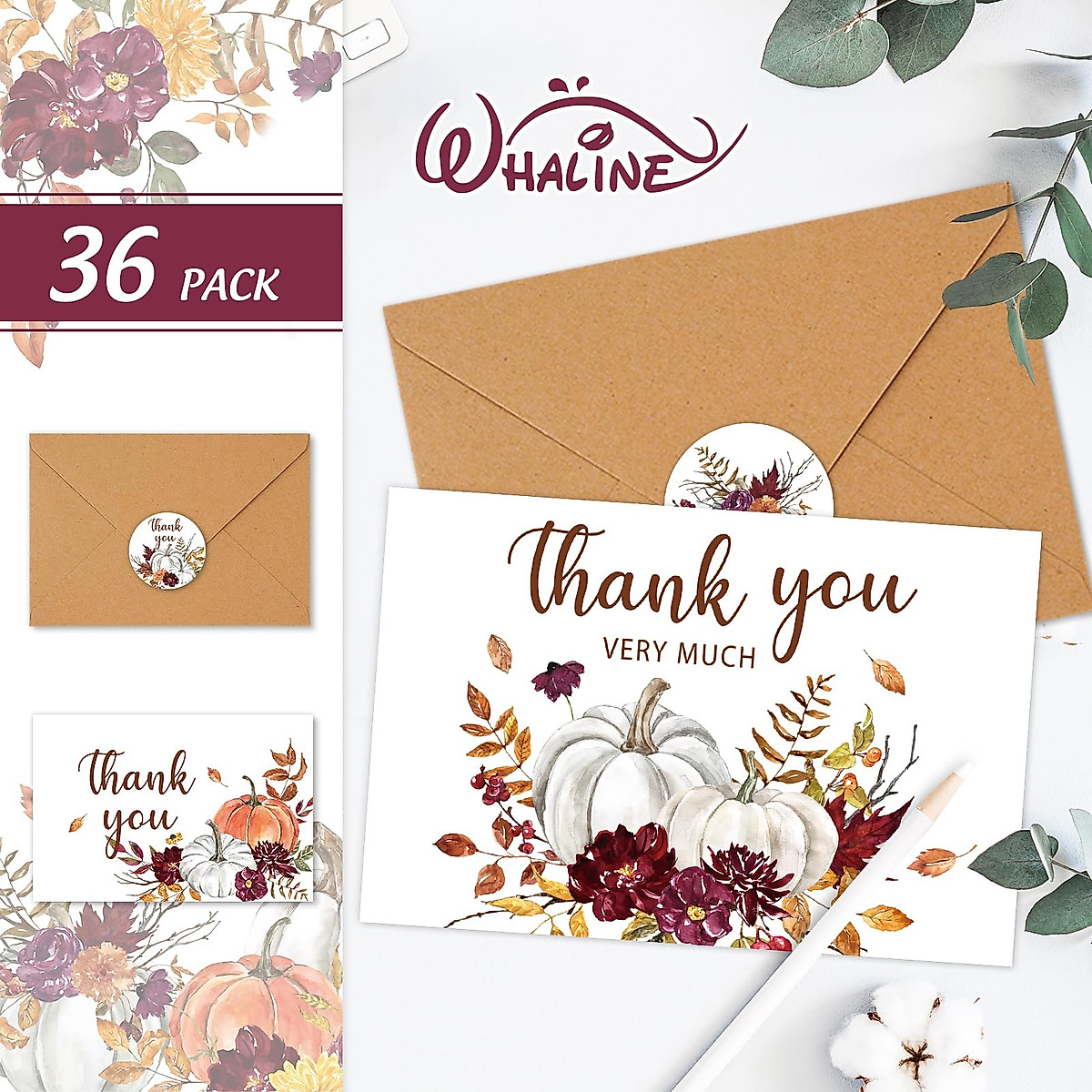 Whaline 36 Pack Fall Thank You Card Watercolor Floral Pumpkin Leaves Greeting Cards with Envelope Sticker Blank Note Cards for Autumn Thanksgiving Wedding, 4 x 6 Inch