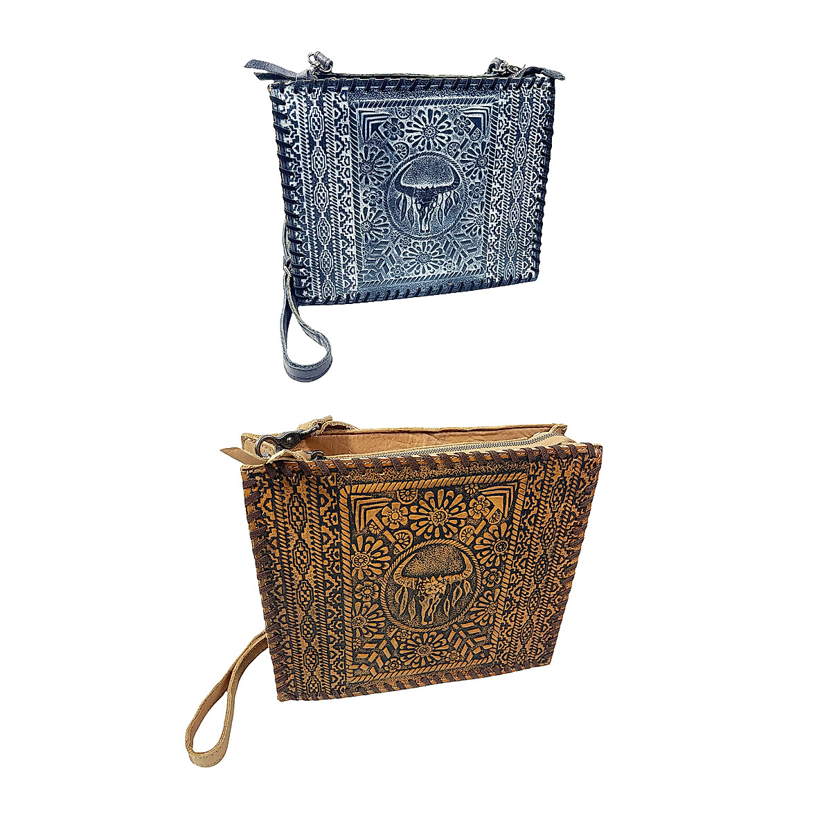 Urbalabs Western Crossbody Purse Large Handbag Genuine Leather Longhorn Cow Skull Tooled Tote Bag Hand Stitched (Blue)