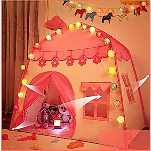 Princess Castle Play Tent with Lights Kids Teepee Tent Large Children Playhouse Oxford Fabric Children Playhouse for Indoor Outdoor with Carry Bag Portable Playhouse Boys & Girls Birthday Gift (Pink)