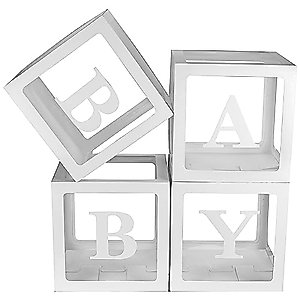EAF Baby Boxes with Letters for Baby Shower, 4 Pcs Clear Balloon Blocks with 8 Letters for Gender Reveal Decorations and Baby Shower Decorations (White)