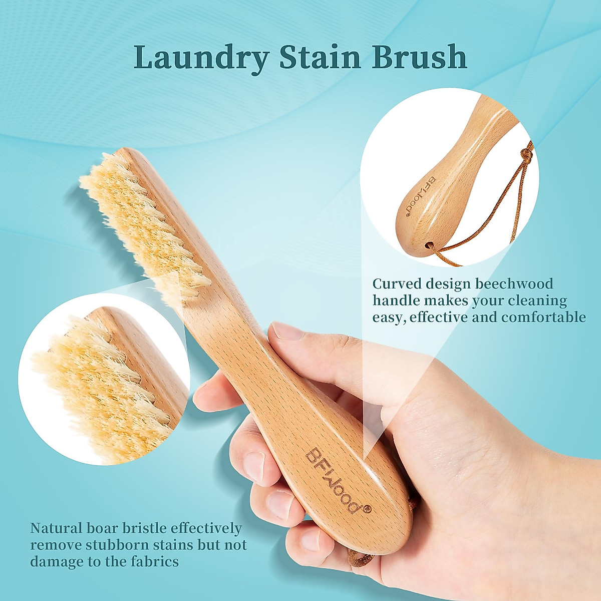 BFWood Laundry Stain Brush, Natural Soft Boar Bristles, Removes Tough Stains from Delicate Fabrics Like Knits, Cotton, and Linens, Gentle on Fabrics, No Damage