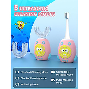 FTOYIN Kids U Shaped Electric Toothbrush, Kids Electric Toothbrushes with 5 Modes, Sonic Toothbrush Kids IPX7 Waterpoof with 3 Brush Heads, 360° Automatic Toothbrush Kids for Age 2-12