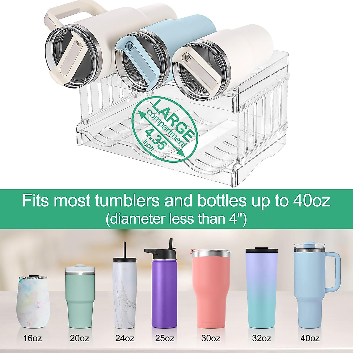 MYJIE Large Water Bottle Organizer for Stanley 40 30 20oz Tumbler Cups, Clear Plastic Water Bottle Holder for Stanley Cup Accessories Pantry Kitchen Cabinet Cupboard Countertop,Hold 6 Bottles