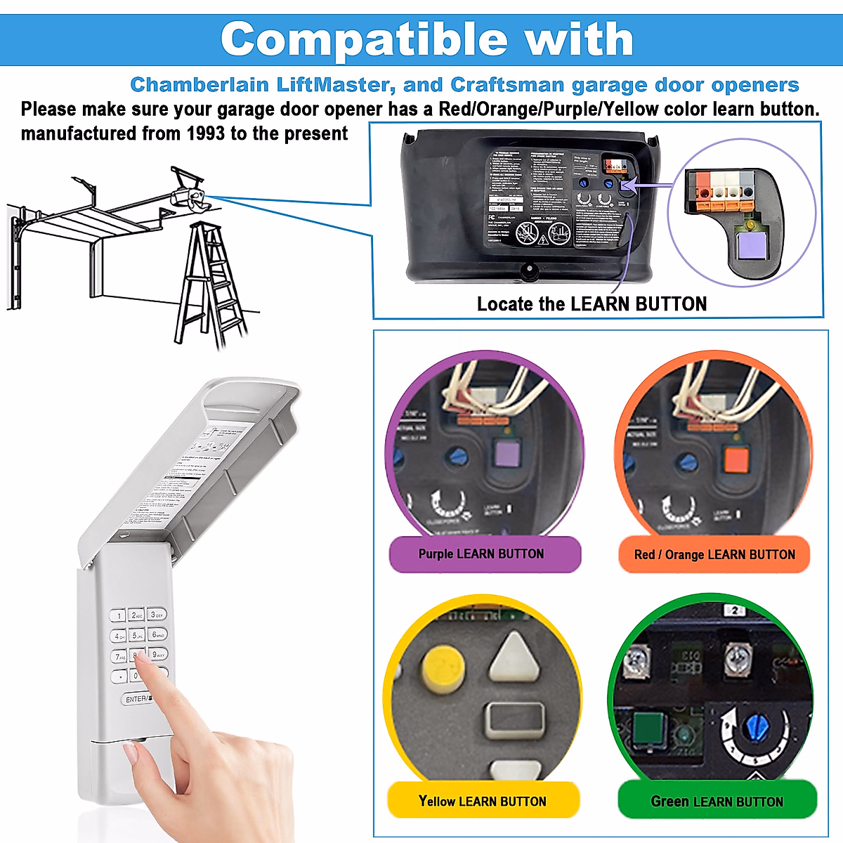 Garage Door Keypad for Liftmaster Chamberlain Craftsman Garage Door Opener Keypad 377LM 977LM 877LM 877MAX CMXZDCG440 G940EV-P2, Purple Red Orange Yellow Green Learn Button Garage Door Openers