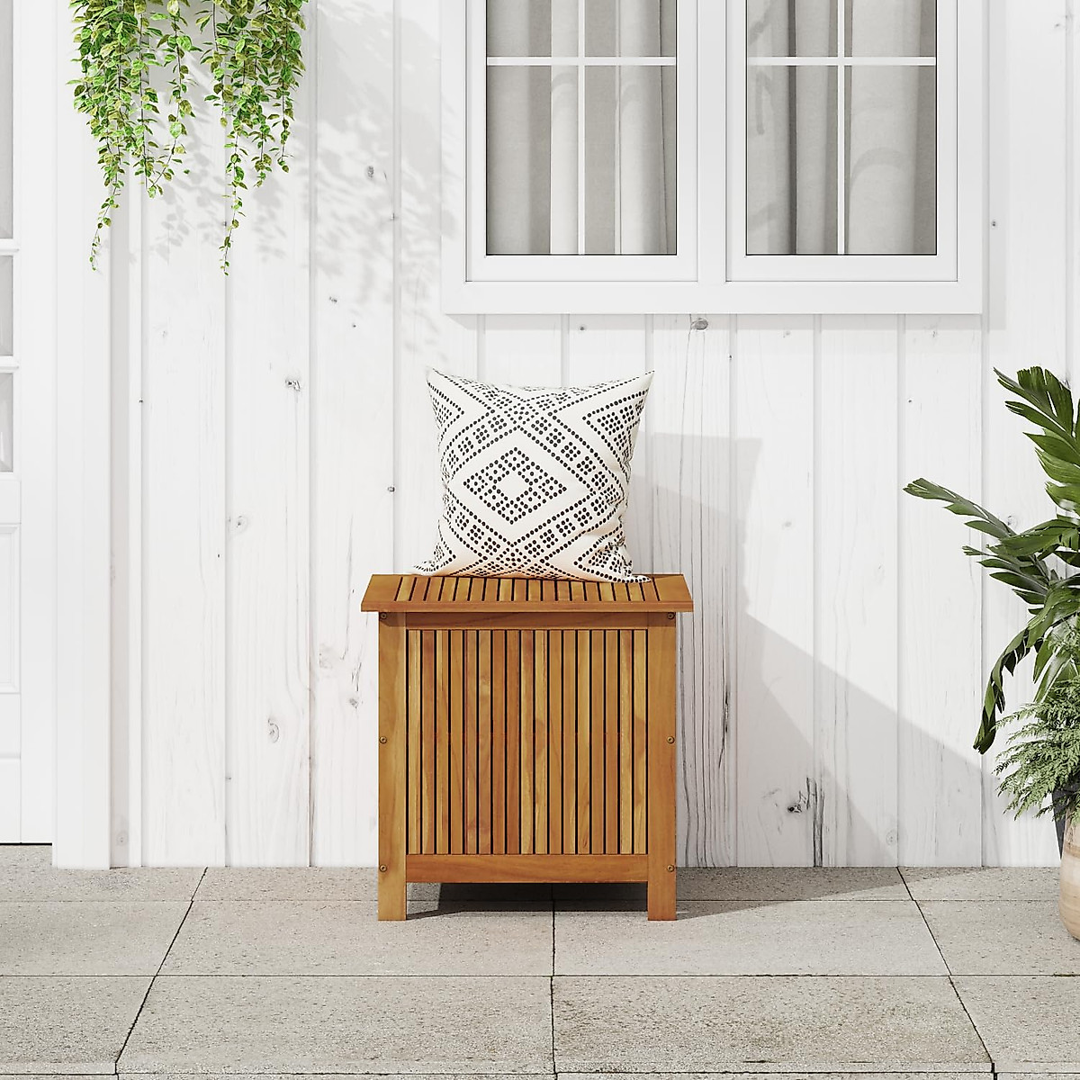 vidaXL Patio Storage Acacia Wood Box, Oil Finished, with Water-Resistant Bag Inside, Offering Ample Storage Space for Household or Garden Items.