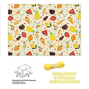 Hawaiian Gift Wrap 6 PCS,20 X 28 Inch Summer Yellow Wrapping Paper,Watermelon Orange Pineapple Lemon Strawberry Pattern Funny Tropical Wrapping Paper For Birthday Baby Shower Aloha Hula Party Decor
