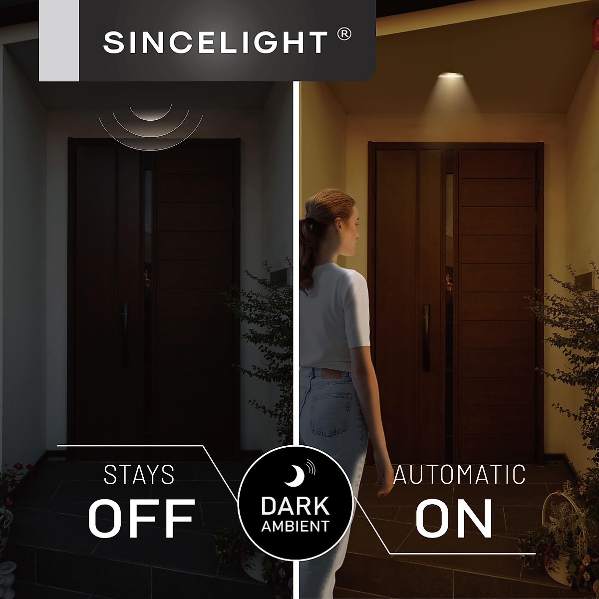 SINCELIGHT Motion Sensor LED Light Bulb 9W E26, PIR Motion-Activated in The Dark, Automatically ON/Off by Dual Sensors, Warm White 3000K, Pack of 2