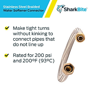 SharkBite 3/4 Inch x 1 Inch FIP x 24 Inch Stainless Steel Braided Flexible Water Softener Connector, Push To Connect Brass Plumbing Fitting, PEX Pipe, Copper, CPVC, PE-RT, HDPE, U3086FLEX24LF