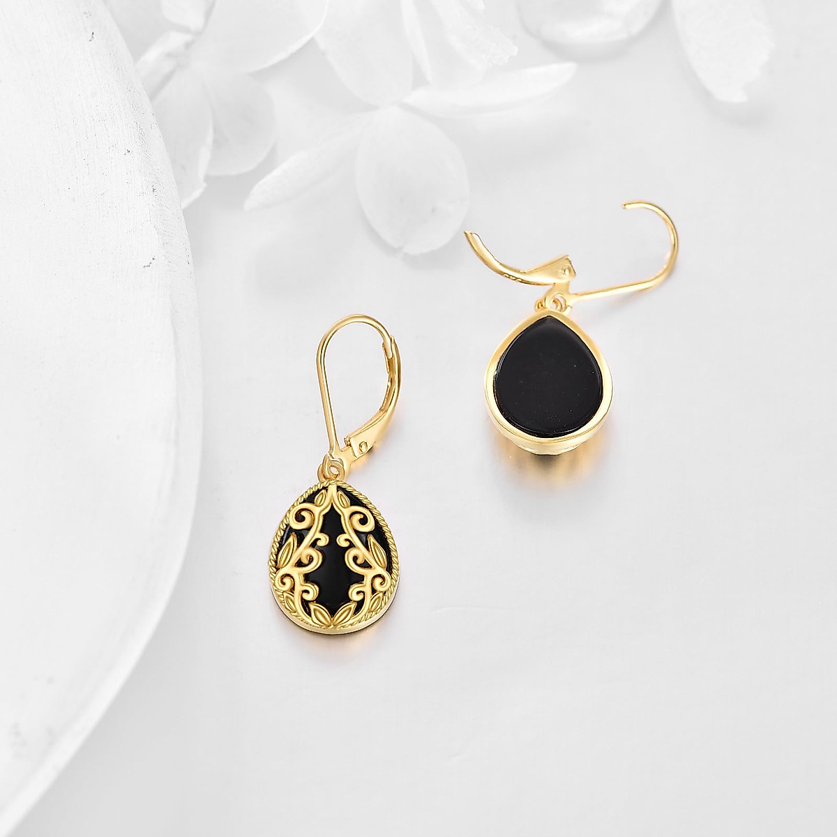 Sterling Silver Black Onyx Earrings18K Gold Plated Filigree Teardrop Leverback Dangle Earrings Boho Drop Earrings Jewelry Christmas Gifts for Women