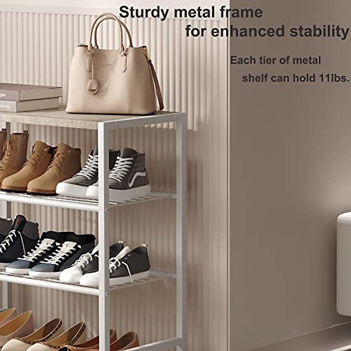 COZYFUN Industrial Shoe Rack 4-Tier Metal Shoe Storage Organizer, Shoe Storage Shelves with Stable Metal Frame, Small Shoe Organizer Shelf for Hallway, Closet, Entryway, Living Room (White)