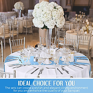 Tudomro 16 Pcs Round Plastic Tablecloth and 12 x 108 Satin Table Runner Set 84" Round Table Covers Circle Plastic Table Cloth for 4th of July Birthday Wedding Party Decoration(White, Light Blue)