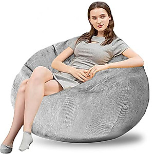 3 Ft Bean Bag Chair: Memory Foam Filled Bean Bag Chairs, Ultra Supportive Stuffed Bean Bag with Ultra Soft Corduroy Cover, Grey for Kids, Adults