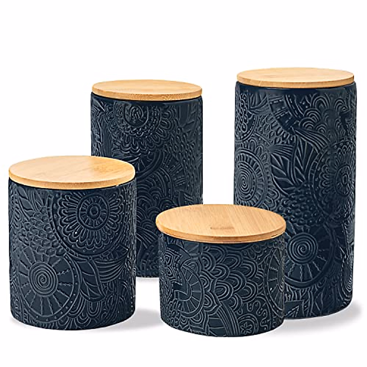 American Atelier Embossed Canister 4-Piece Ceramic Set Jar Container with Wooden Lids for Cookies, Candy, Coffee, Flour, Sugar, Rice, Pasta, Cereal & More