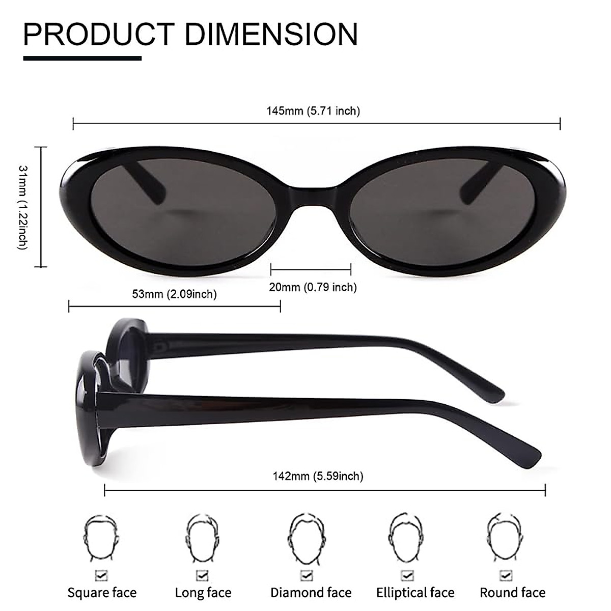 VIA LEECA Trendy Retro Oval Sunglasses Women 90s Small Y2K Fashion Vintage Narrow Sun Glasses Tinted Black UV400 Protection Party Aesthetic Accessories Gift