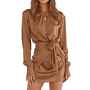 PRETTYGARDEN Women's Spring Satin Dress Long Sleeve Tie Waist Elegant Cocktail Party Mini Fall Dresses(Khaki,Small)