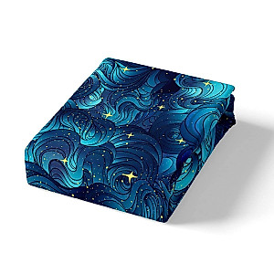 Erosebridal Starry Sky Comforter Cover, Fantasy Night Stars Nebula Comic Cartoon Curled Wave Japanese Style Duvet Cover, Decorative 3 Piece Bedding Set with 2 Pillow Shams, Full Size, Blue Gold