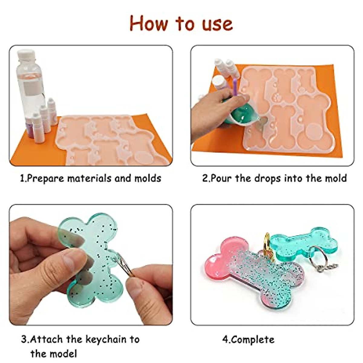 6 PCS Pet Tag Resin Molds, AFUNTA Dog Bone Shaped Tag Silicone Molds Photo Memorial Resin Molds Silicone with 10 Key Rings, for DIY Keychain Pet Tag Pendant Craft